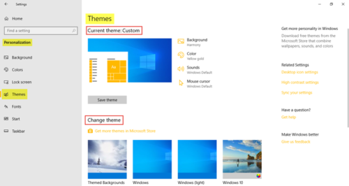 Personalization settings in Windows 10