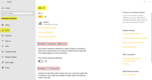 Network and Internet Settings in Windows 10