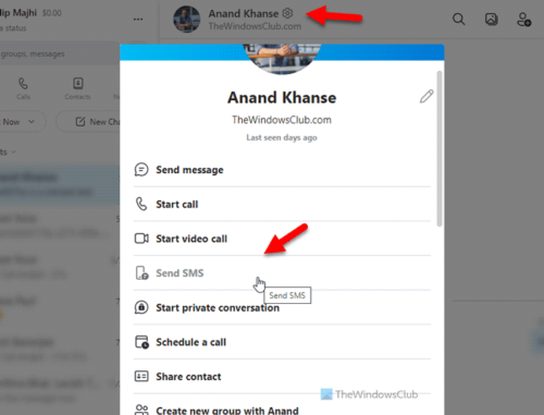 Send text message from Windows PC using Skype
