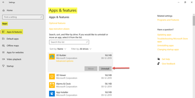 Apps & features in Windows 10 - Functions