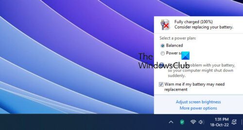 Consider replacing your battery message on Windows laptop