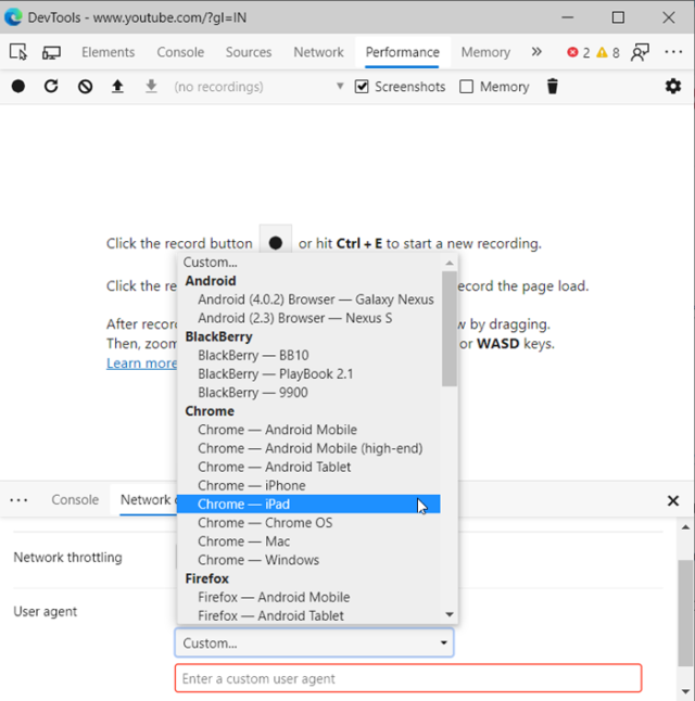 Change User Agent and Geolocation in Edge Developer Tools