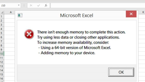 Excel cannot complete this task, Out of Memory, Not enough Resources