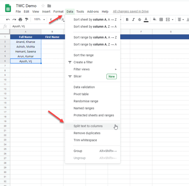 How to split Text to Columns in Excel and Google Sheets