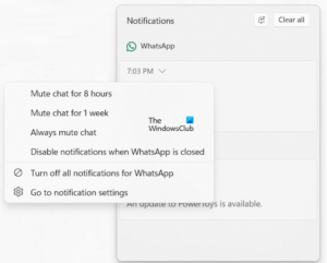 Change App Notifications settings from Action Center in Windows 11/10