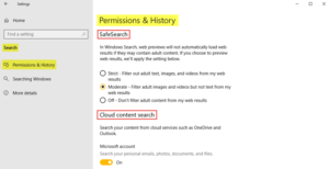 Search Settings in Windows 10 - Permissions, History, Searching Windows
