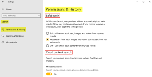 Search Settings in Windows 10 - Permissions, History, Searching Windows