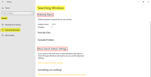 Search Settings in Windows 10 - Permissions, History, Searching Windows