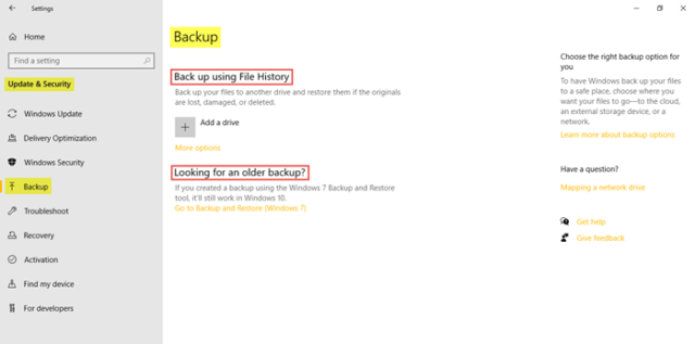 Windows Update and Security settings in Windows 10