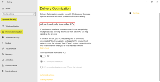 Windows Update and Security settings in Windows 10