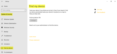 Windows Update and Security settings in Windows 10