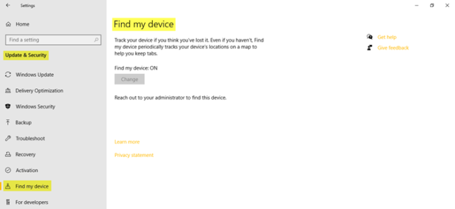 Windows Update and Security settings in Windows 10
