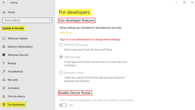 Windows Update and Security settings in Windows 10
