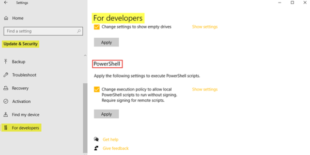 Windows Update and Security settings in Windows 10