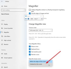 Keep Magnifier mouse cursor in center of screen in Windows 11