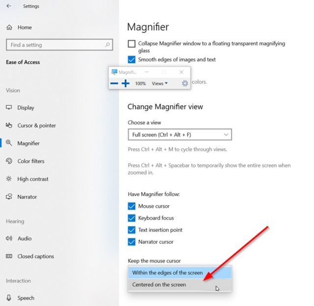 Keep Magnifier mouse cursor in center of screen in Windows 11