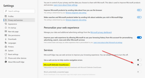 Security features in Microsoft Edge browser for Windows PC