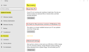 Windows Update and Security settings in Windows 10