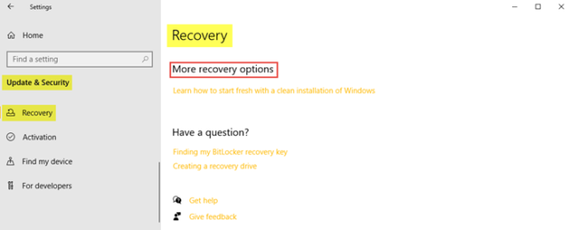 Windows Update and Security settings in Windows 10