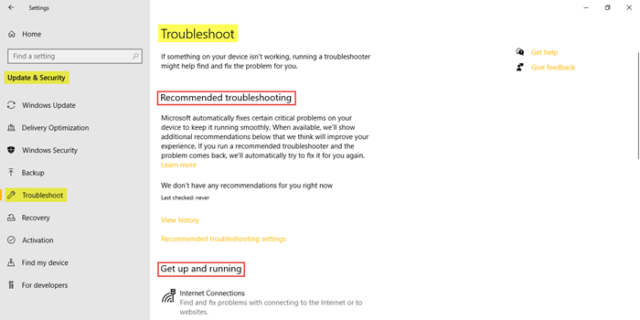 Windows Update and Security settings in Windows 10
