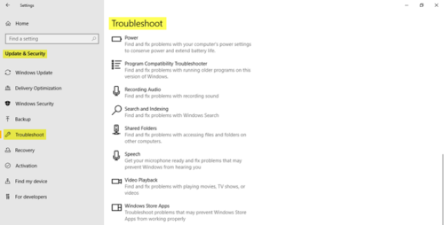 Windows Update and Security settings in Windows 10