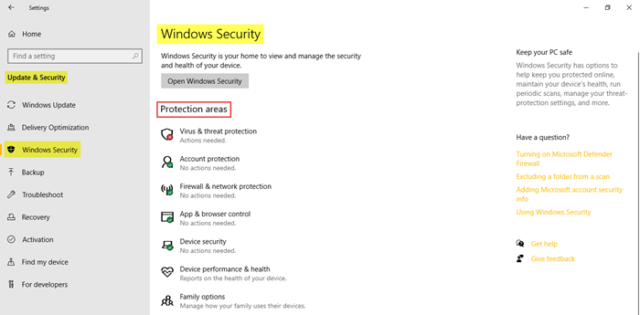 Windows Update and Security settings in Windows 10