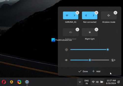 Add, Remove, Reset, Quick Action Center buttons in Windows 11