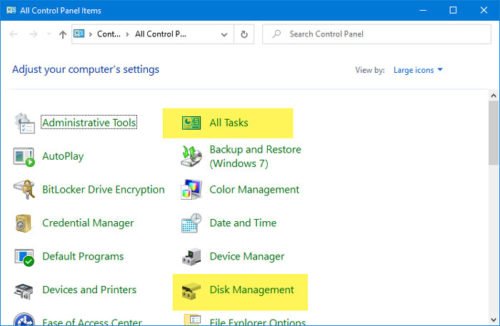 Add All Tasks and Disk Management to Control Panel in Windows