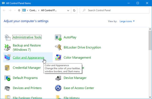 Add Color and Appearance to Control Panel in Windows 11/10