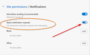 Enable Quiet Notification Requests in Microsoft Edge browser
