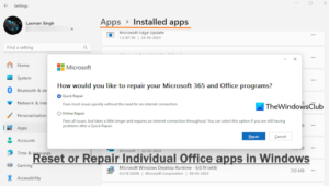 How to reset and repair Office apps in Windows 11/10