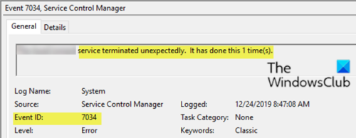 Event ID 7031 or 7034 error when user logs off Windows 11/10