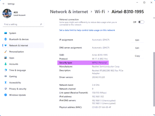 How to check WiFi Security type in Windows 11