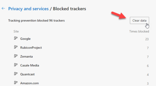 How to clear Blocked Trackers list in Microsoft Edge