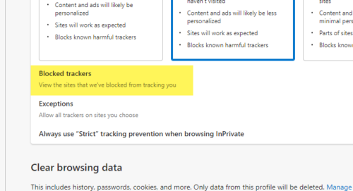 How to clear Blocked Trackers list in Microsoft Edge