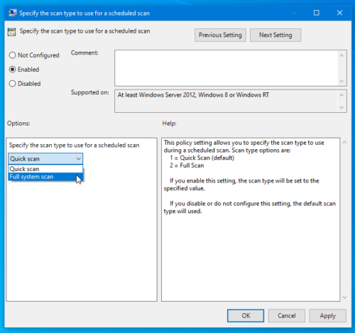 How to change the default scheduled Scan Type in Microsoft Defender