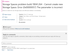 Cannot create new Storage Space, 0x00000057, Parameter is incorrect