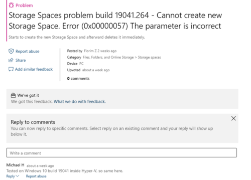 Cannot create new Storage Space, 0x00000057, Parameter is incorrect