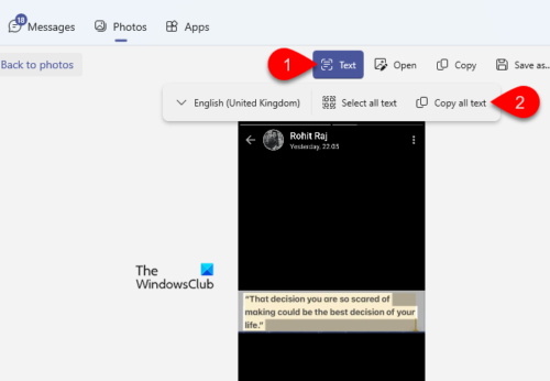How to copy text from Image in Phone Link App in Windows 11/10