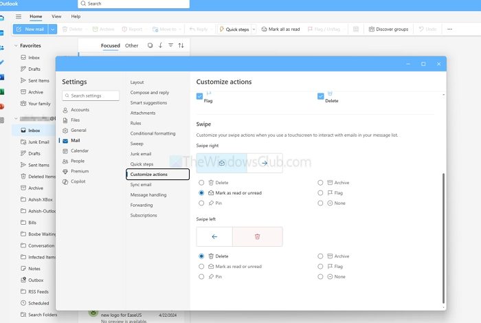 Enable, disable, manage, use Swipe actions in Outlook app of Windows