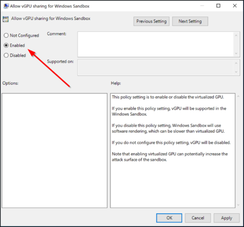 Enable or disable Virtualized GPU sharing for Windows Sandbox