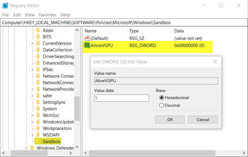 Enable or disable Virtualized GPU sharing for Windows Sandbox