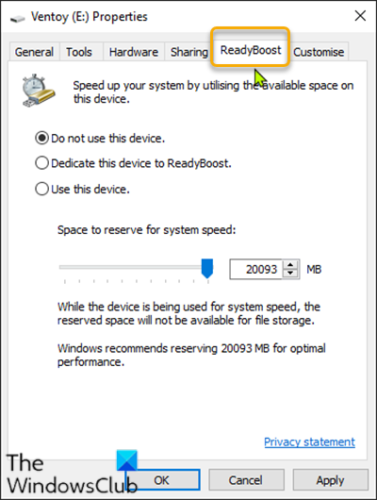 Add or remove ReadyBoost tab in Drive Properties in Windows 11