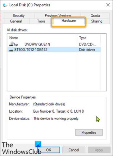 Add or remove Hardware tab in Drive Properties in Windows 10