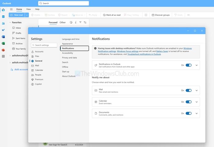 Turn on or off Email Notifications of Outlook app in Windows 11/10