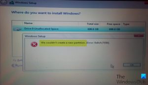 We couldn't create new partition 0x9cfc7550 Windows Setup Error