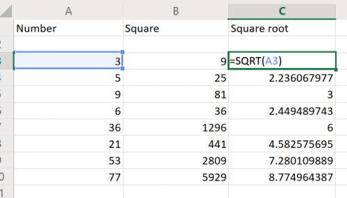 How to find the Square and Square Root in Excel