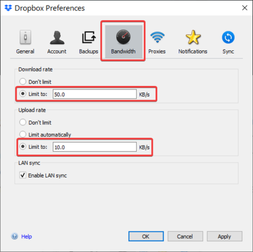 Limit Upload or Download Bandwidth usage by OneDrive, Dropbox