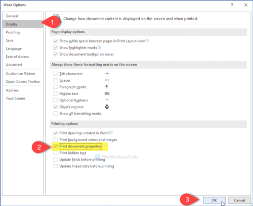 How to print Document Properties while printing Word document