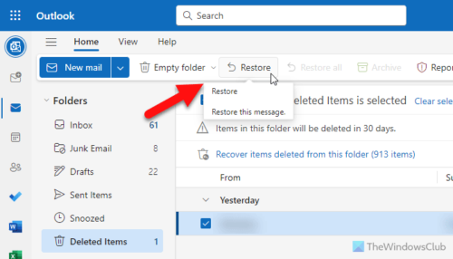 Restore deleted mail from Outlook.com Deleted folder